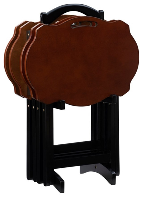 Pemberly Row Traditional Five Piece Wood Tray Table Set in Hazelnut and ...