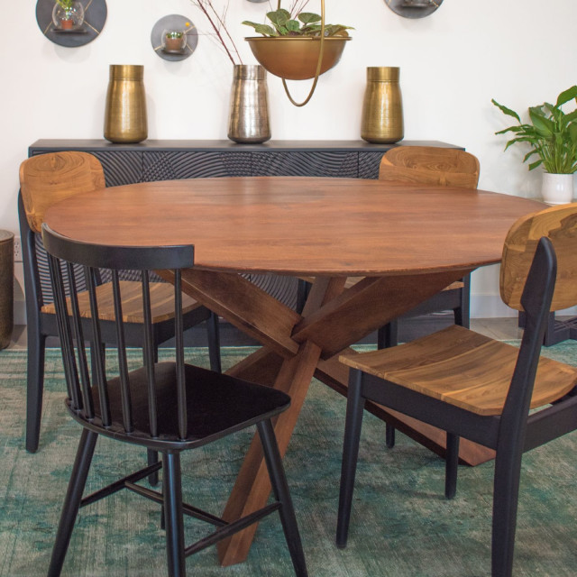 Round 60" Wide Mango Wood 3-Legged Dining Table, Brown - Transitional ...