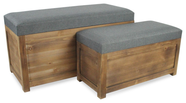 Storage Benches, Light Brown Wood, Gray Cushion, Hinged Lid, 2-Piece ...
