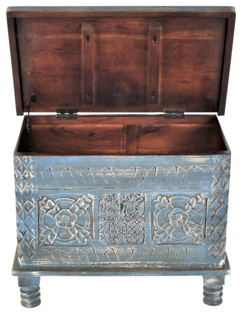 25x15 Distressed Blue Hand Carved Box Storage Trunk With Legs Nochi ...