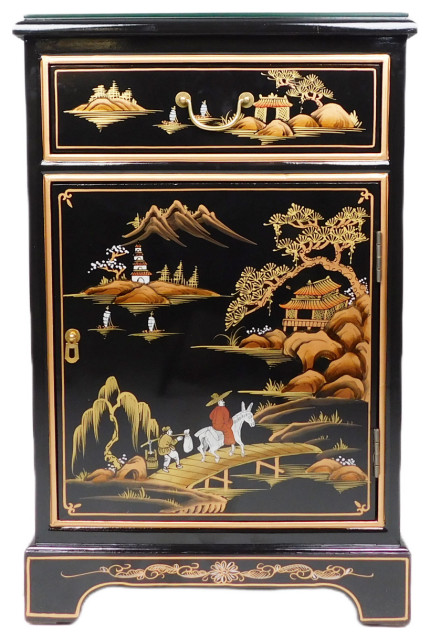 Black Lacquer Oriental End Table With Landscape Painting - Asian - Side ...