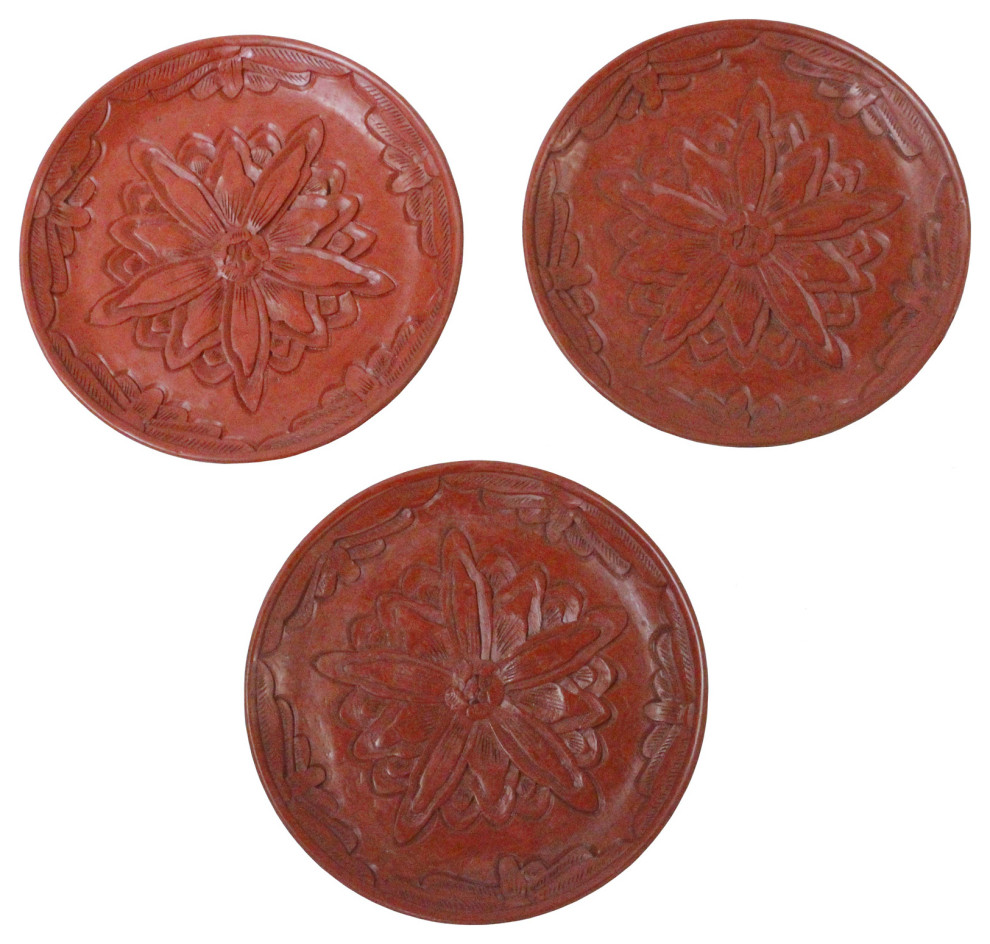Chinese Red Resin Lacquer Round Flower Motif Plate 3 Pieces Hws999 ...