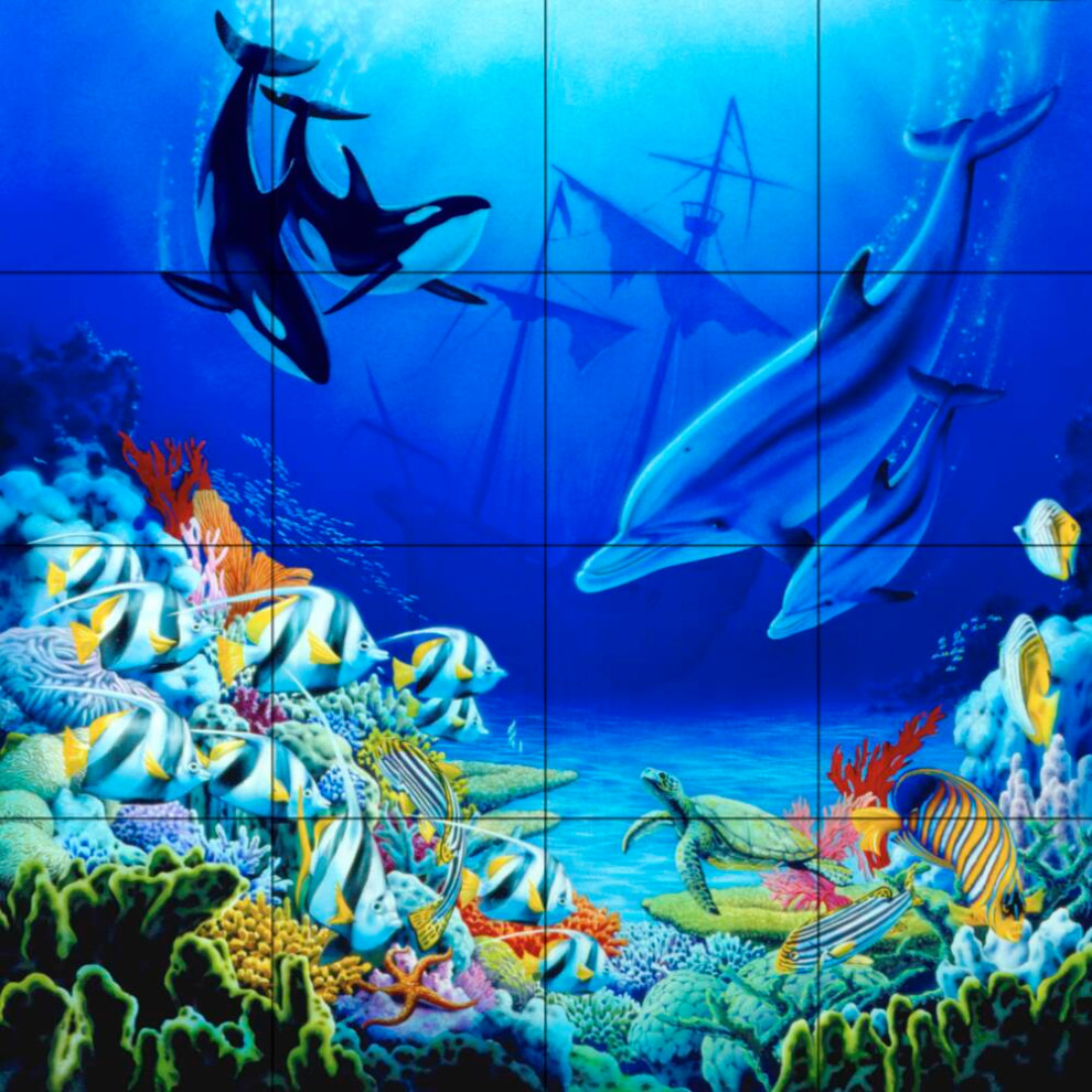 Tile Mural Kitchen Backsplash RK-Ocean Harmony I by Robin Koni, 24" W x ...