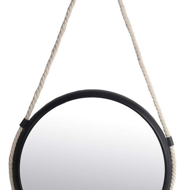 Metal Encased Round Wall Mirror with Braided Rope, Large, Black and ...