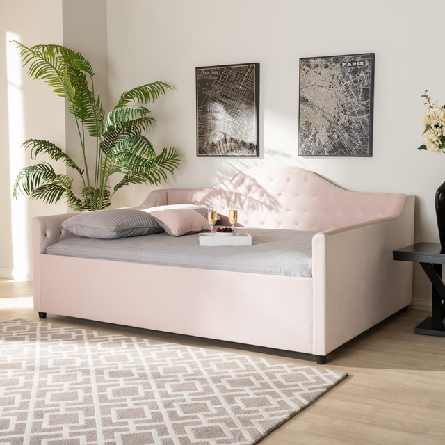 Luanna Light Pink Velvet Fabric Upholstered and Button Tufted Queen ...