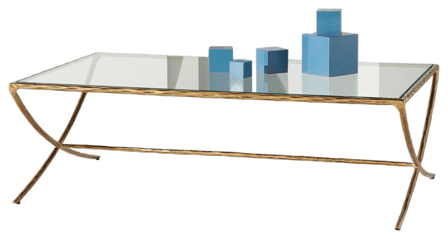 Contemporary Coffee Table, Curved Legs With Trestle Support & Clear ...