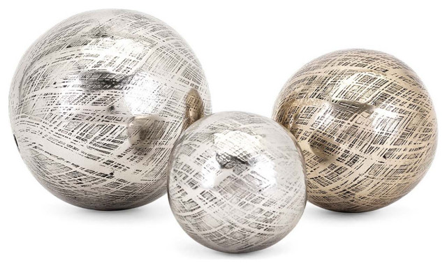 Decorative Aluminum Orbs with Crosshatch Detailing,Silver and Gold,Set of Three - Contemporary ...