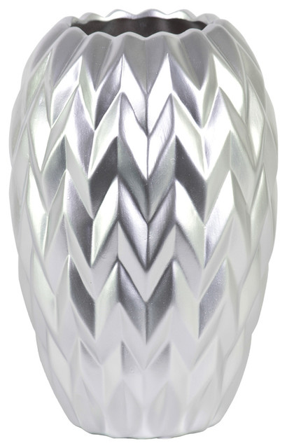 Round Ceramic Vase With Embossed Wave Design, Large, Matte Silver ...
