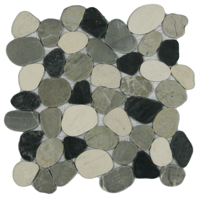 Sliced Natural Stone 12x12 Pebble Tile - White, Black & Grey, Mesh ...