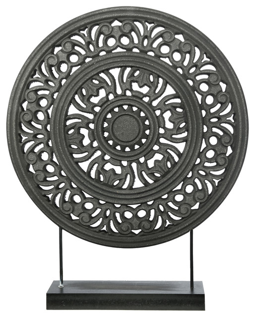 Wood Tabletop Decor Stand with Floral Cutout Desgin Matte Black Finish ...