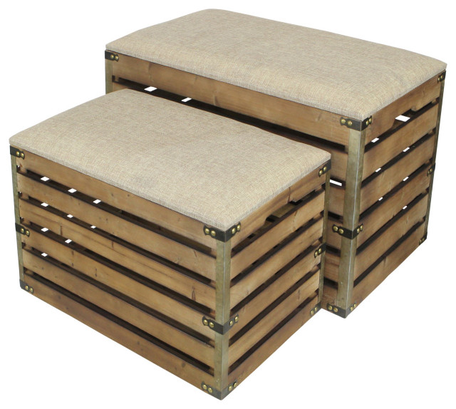 Set of 2 Rectangular Wood Slat Storage Bench With Metal Accent And ...