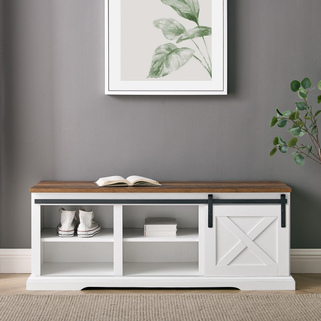 Farmhouse Storage Bench, Sliding Door With X-Front & 2 Adjustable ...