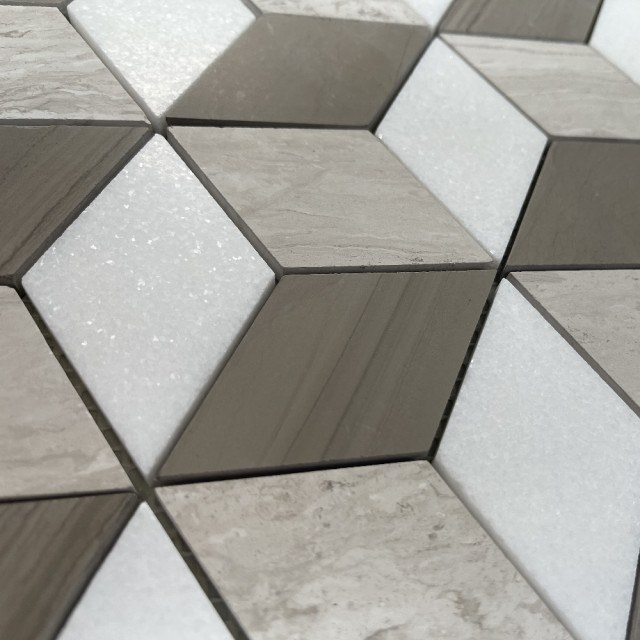 Athens Silver Cream Marble 3D Cube Diamond Geometry Hex Mosaic Tile, 1 ...