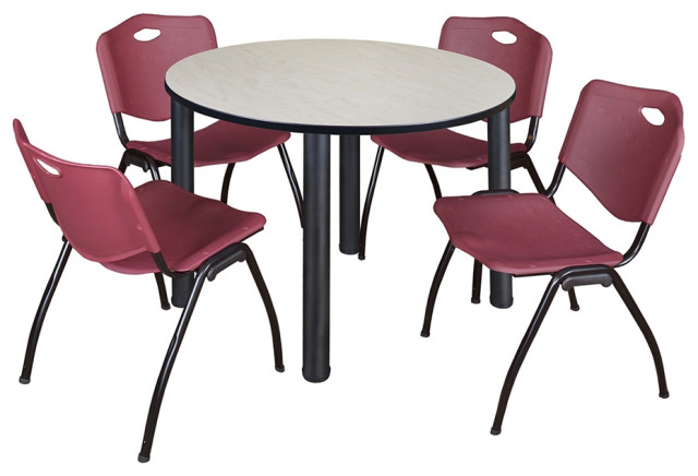 Kee 48 Round Breakroom Table- Maple/ Black & 4 'M' Stack Chairs ...