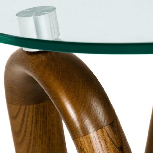 20" Walnut And Clear Glass Solid Wood Ribbon Base Round End Table ...