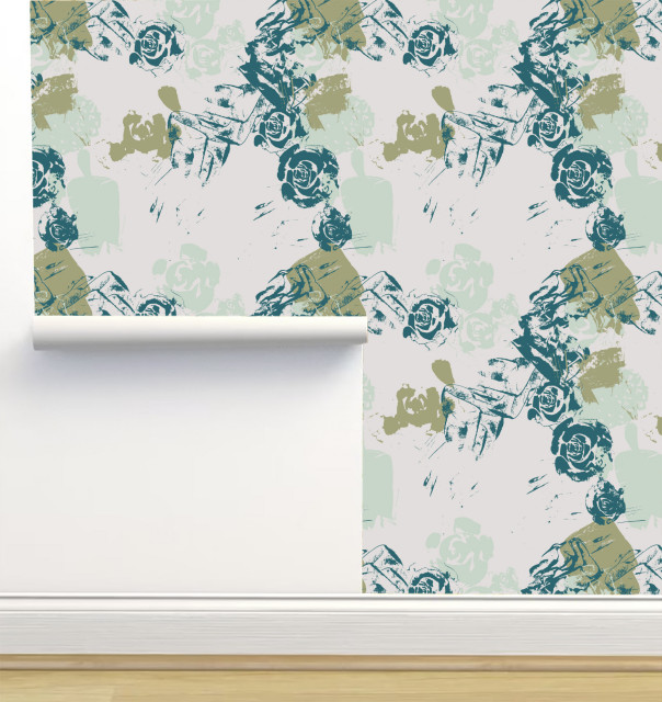 Abstract Roses Teal Wallpaper by Monor Designs, 24"x72" - Contemporary ...