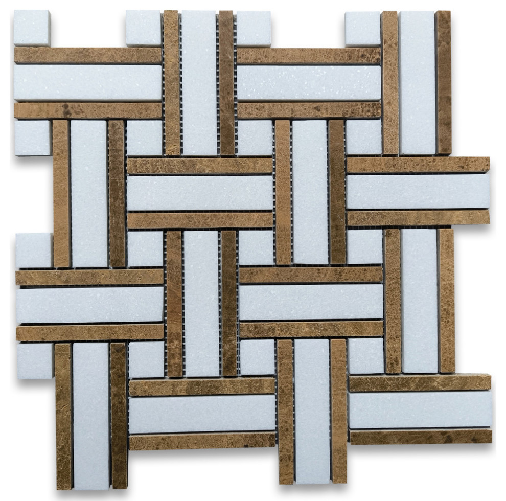 Thassos White Marble Twine Basketweave Mosaic Tile Yellow Woodgrain, 1 ...