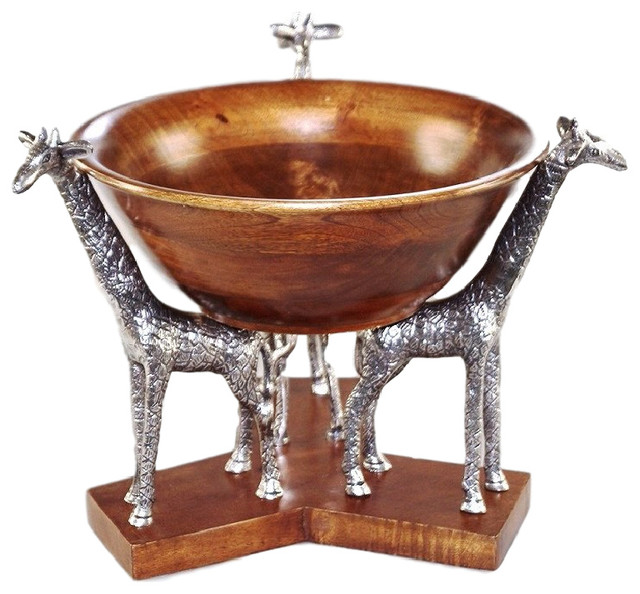 Elegance Wood Widelife Theme Bowl On Giraffe Stand - Contemporary ...