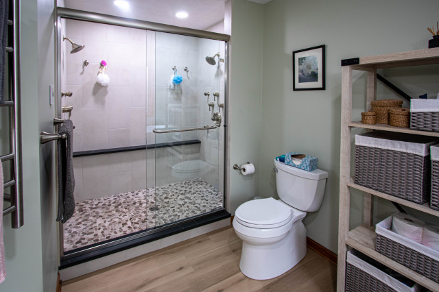 Tiled Shower with Lighted Shower Ledge and Free Standing Tub ...