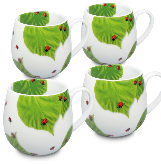 Ladybug on Leaves, Set of 4 Porcelain Snuggle Mugs - Contemporary ...