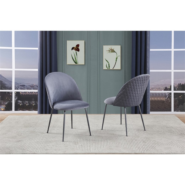 Quilted Back Side Chairs Set of 2 in Dark Gray Velvet and Gray Painted ...