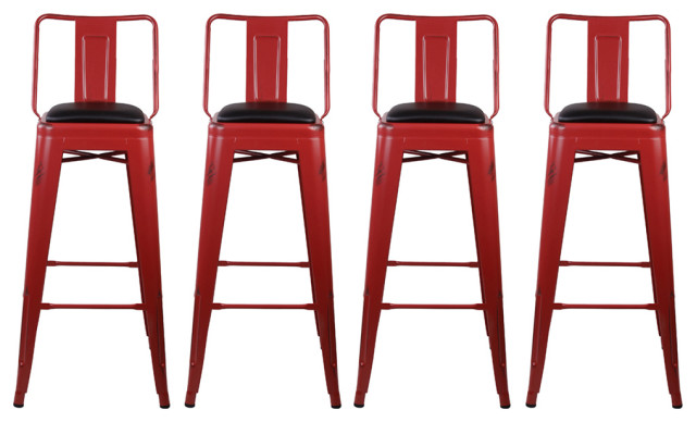 Highback Red Metal Bar Stools, Vegan Leather Seat, Set of 4 ...