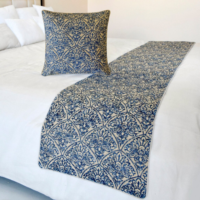 Decorative Blue Cotton Twin Bed Runner, Quilted - Farzeen Blue, Full 68 ...