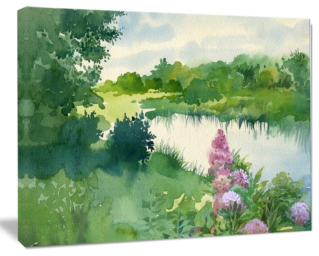 Green Riverside Land Watercolor, Landscape Canvas Art Print, 20"x12 ...