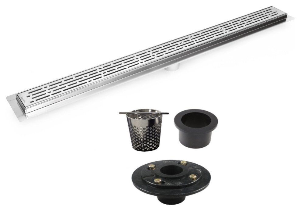 Linear Shower Drains, Brushed Nickel with Cast Iron Base and Hair Trap ...