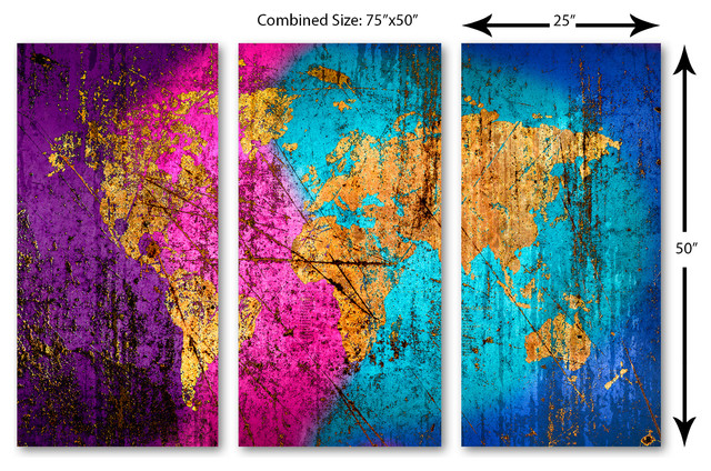Abstract Wave Wall Art World Map Canvas Print, 3 Panel Split, Triptych ...