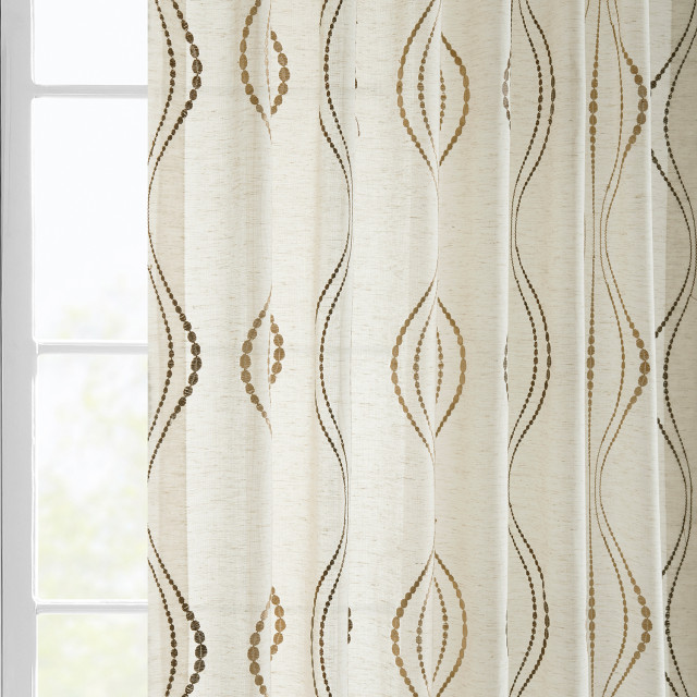 Suez Bronze Embroidered FauxLinen Sheer Curtain Single Panel, 50"x84 ...