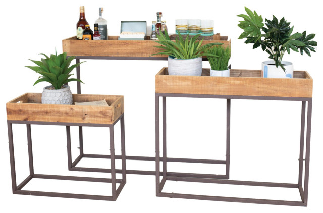 Recycled Wood Console Tray Table 3-Piece Set Rustic Metal - Industrial ...