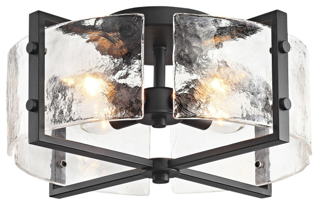 Teresa 4-Light Black Metal Frame Textured Glass Panels Flush Mount ...