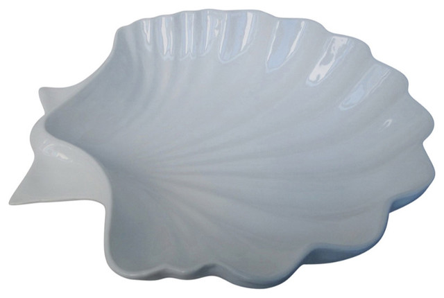 Flared decorative Ceramic Shell Bowl, White - Beach Style - Decorative ...