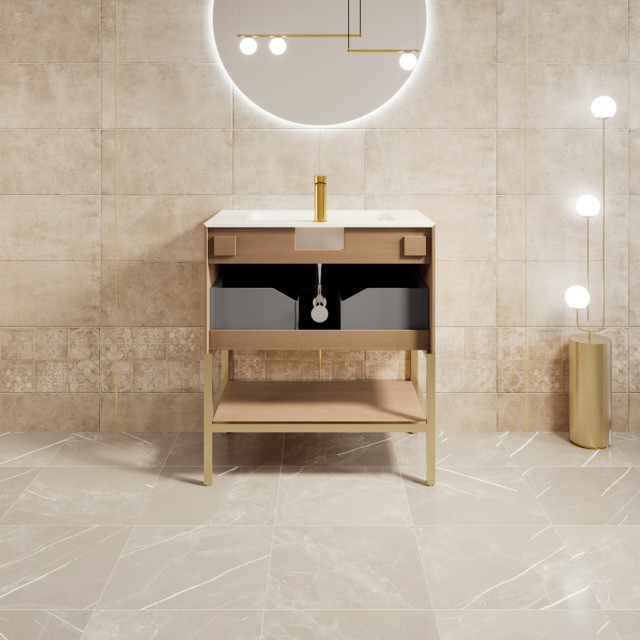 Iris 30"W Oak Freestanding Vanity With White Solid Surface Integrated ...