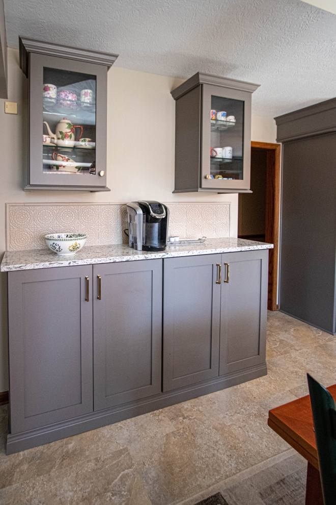 2 Tone Gray Kitchen with Quartz Countertop and Crackle Tile Backsplash ...