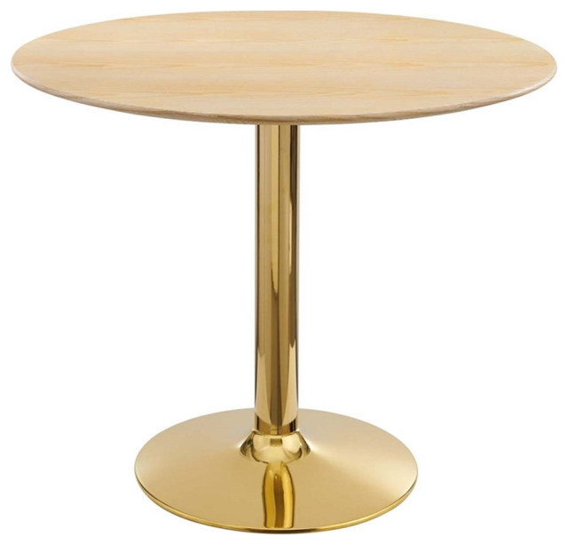 Modway Verne 35" Round Modern Wood & Metal Dining Table in Natural/Gold ...