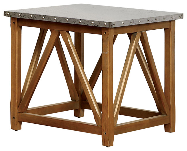 Industrial End Table, Natural Brown Wood Base With Rivet Accented ...