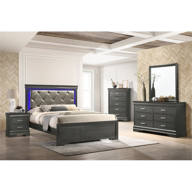 Brooklyn Queen 5 Pc Tufted Upholstery LED Bedroom set made with Wood in ...
