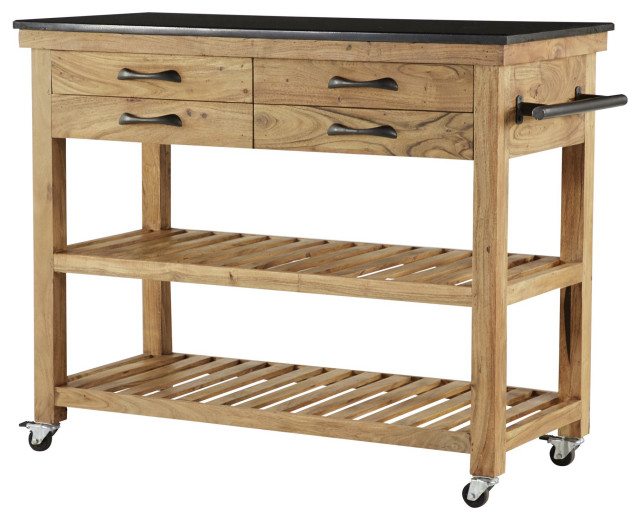 Coastal Kitchen Cart, Slatted Shelves & Drawers With Curved Pulls ...