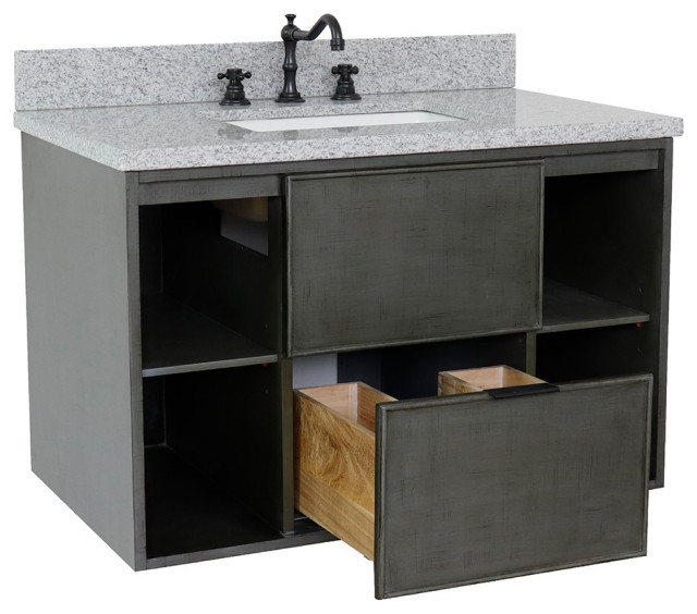 37" Single Wall Mount Vanity, Linen Gray Finish With Gray Granite Top ...