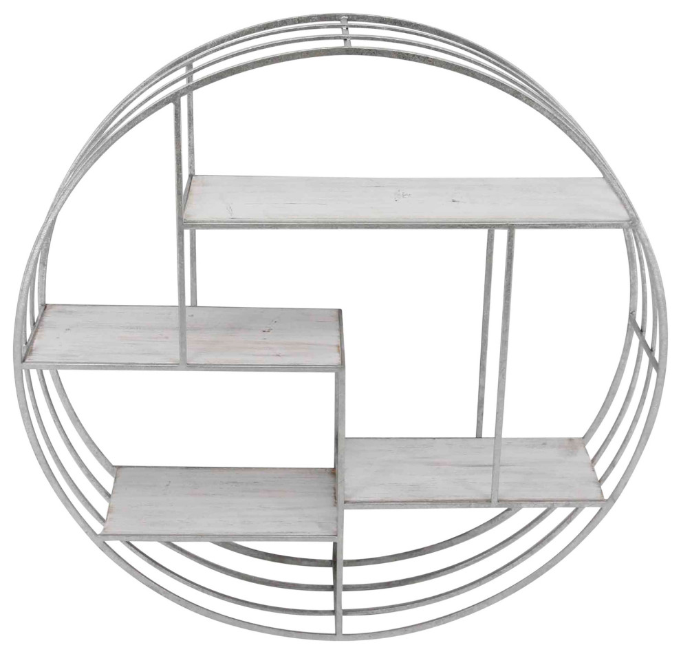 Round Wood/Metal Wall Shelf White/Silver - Contemporary - Display And ...
