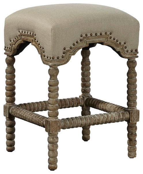 Bobbin Carved Oak & Linen 24" Counter Stool - Farmhouse - Bar Stools ...