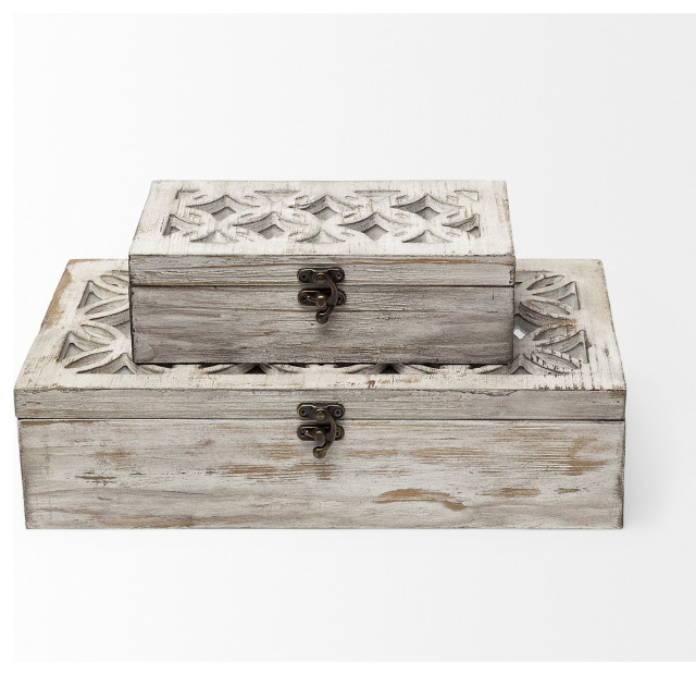 Set of Two Distressed White Wooden Boxes - Farmhouse - Decorative Boxes ...
