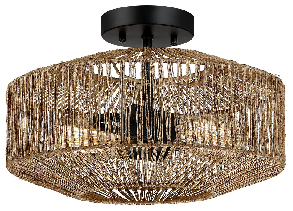14" W 2-Light Bohemian Jute Rope Semi-Flush Mount - Beach Style - Flush ...