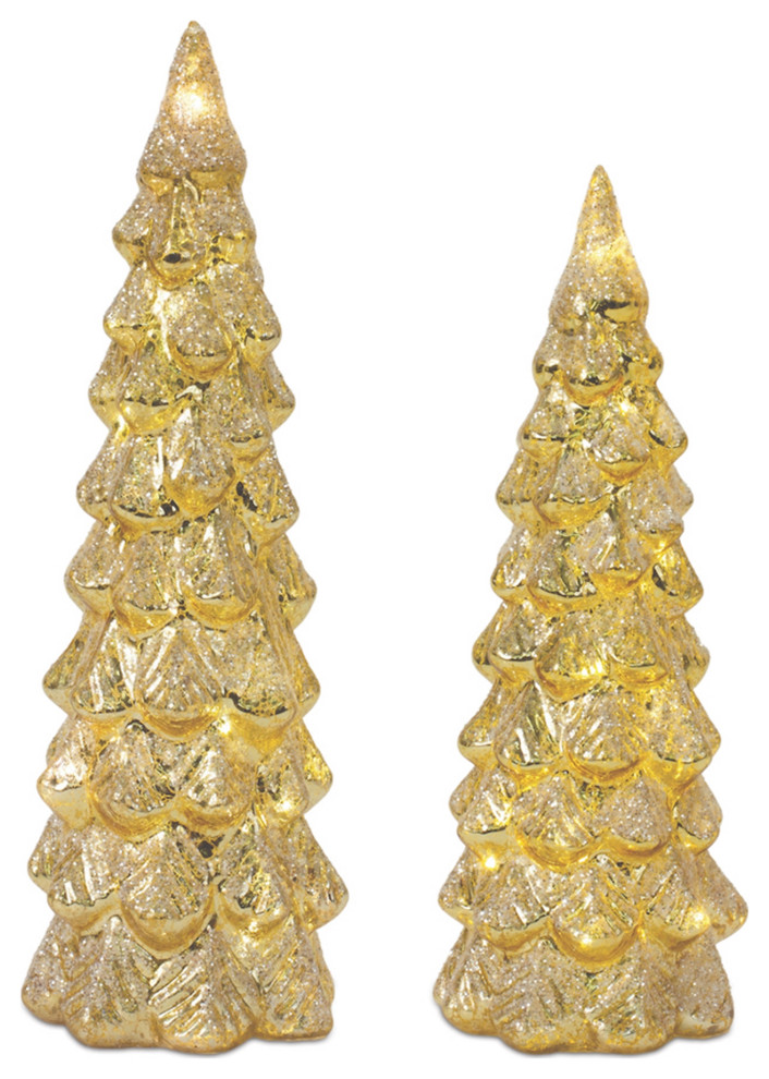 LED Glittered Glass Tree Decor, 2-Piece Set - Modern - Holiday Accents ...