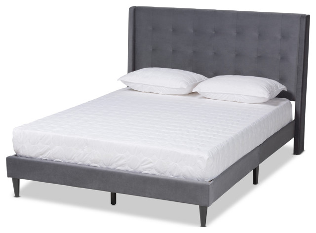 Modern Gray Velvet Fabric Upholstered Wood King Size Platform Bed ...