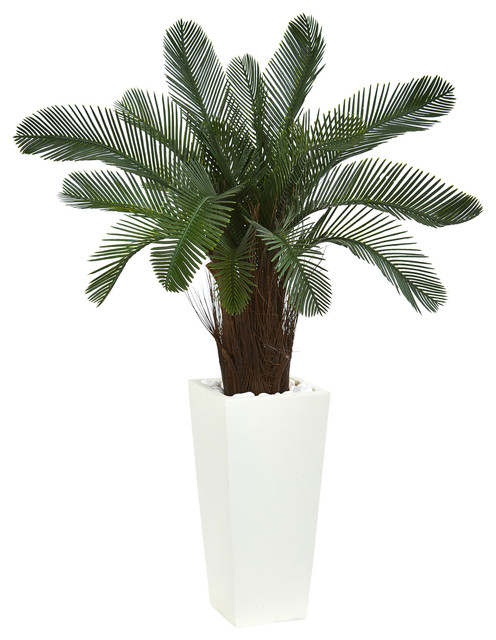 40" Cycas Artificial Tree, White Tower Planter UV Resistant, Indoor ...