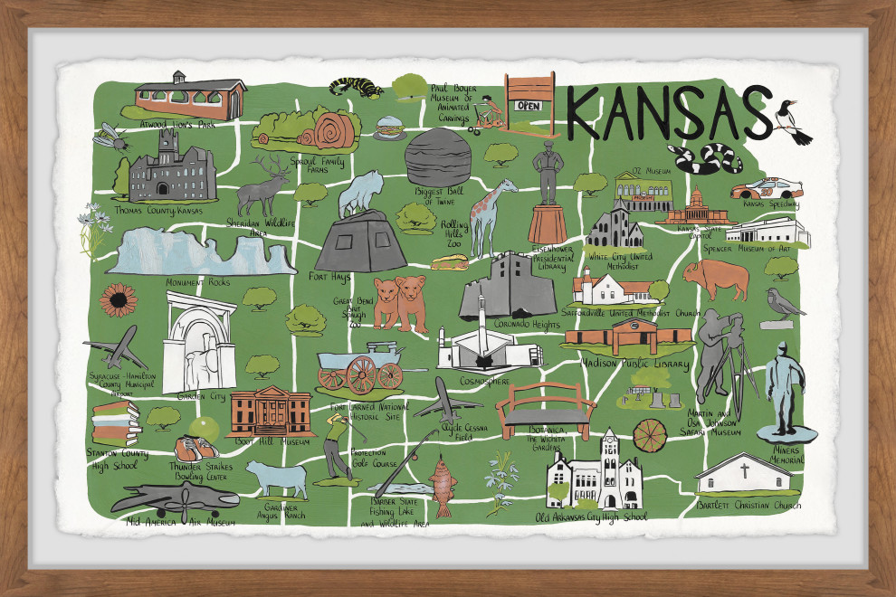 "Illustrated Map of Kansas Attractions" Framed Painting Print, 30x20 ...