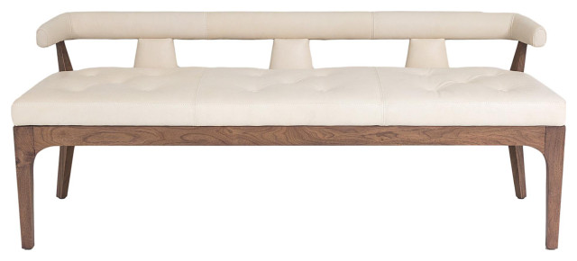 Luxe Sleek Contemporary Ivory Leather Long Bench Open T Back Walnut ...